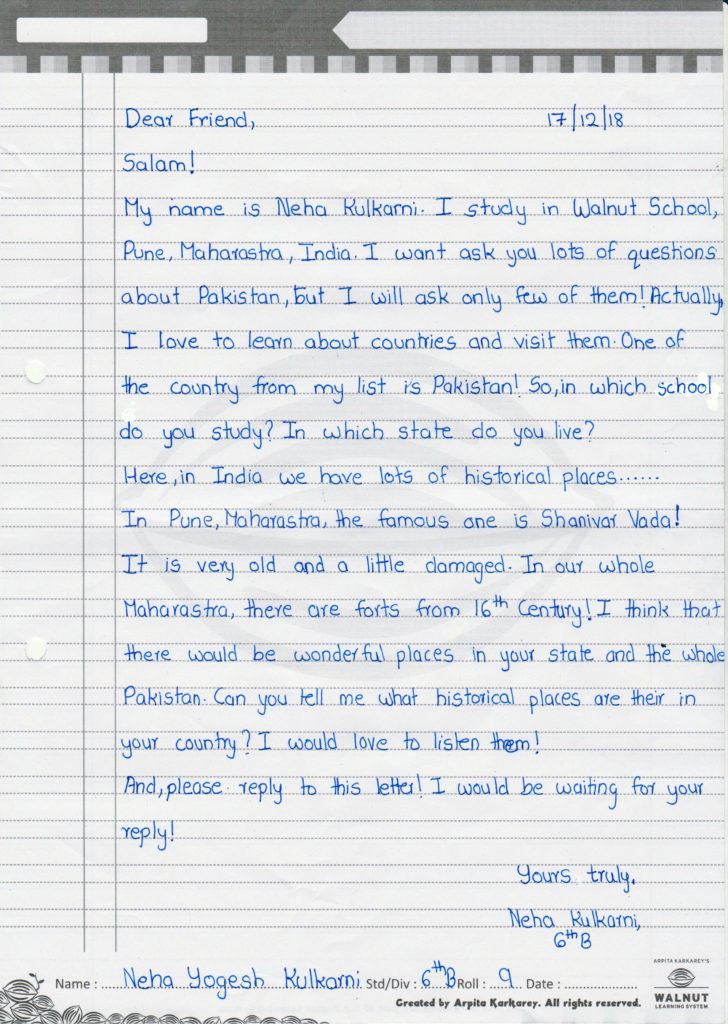 India - Pakistan Letter Exchange | Walnut School